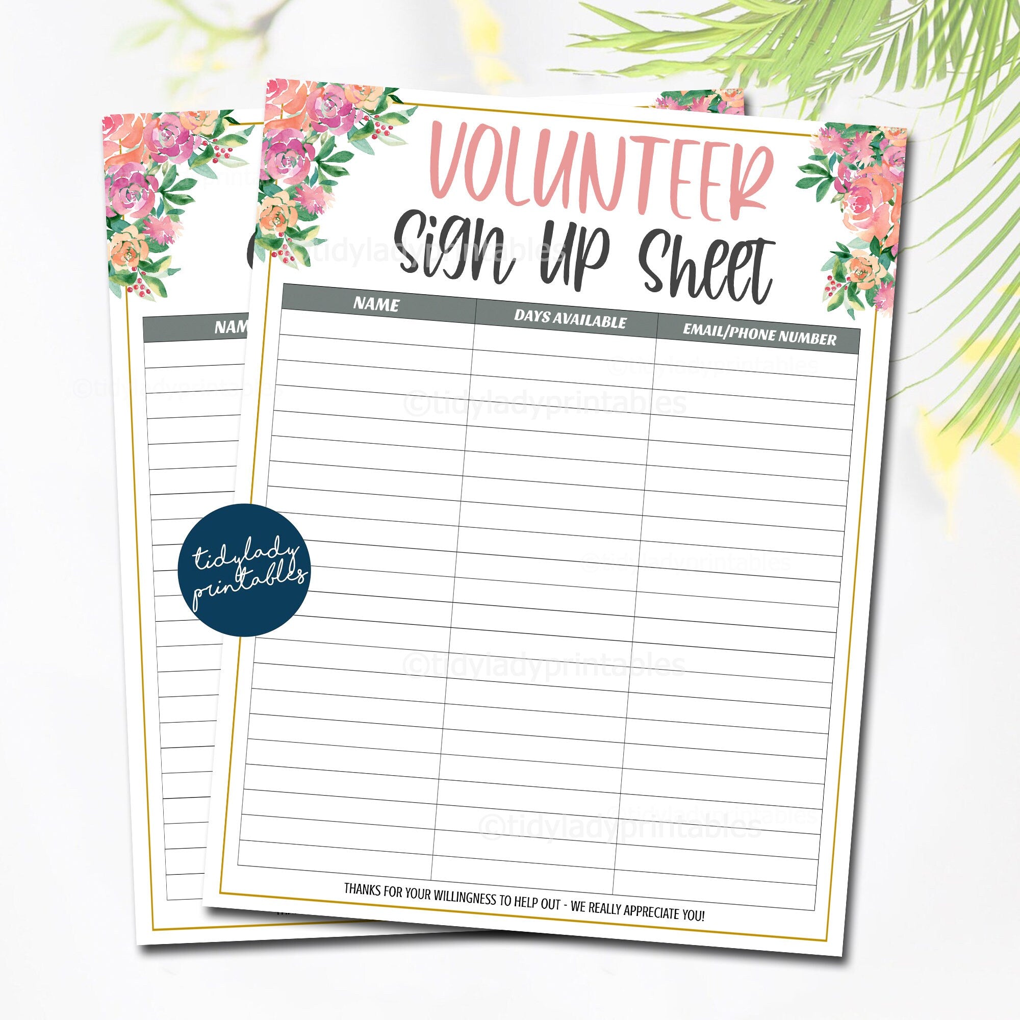 Volunteer Sign Up Sheet Printable