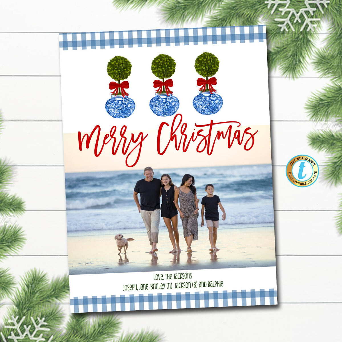 Holiday Photo Card Template | Preppy Blue and White Ginger Jar ...