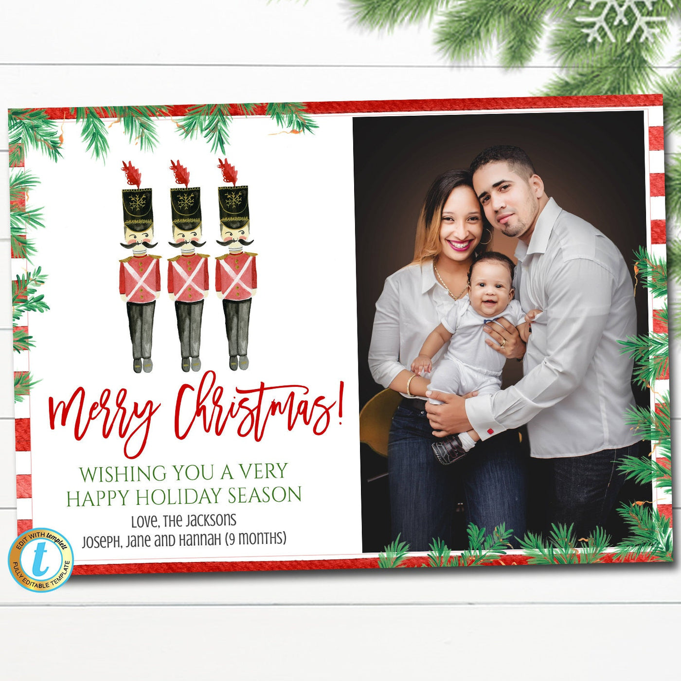 Holiday Photo Card Template | Christmas Preppy Nutcracker Watercolor ...