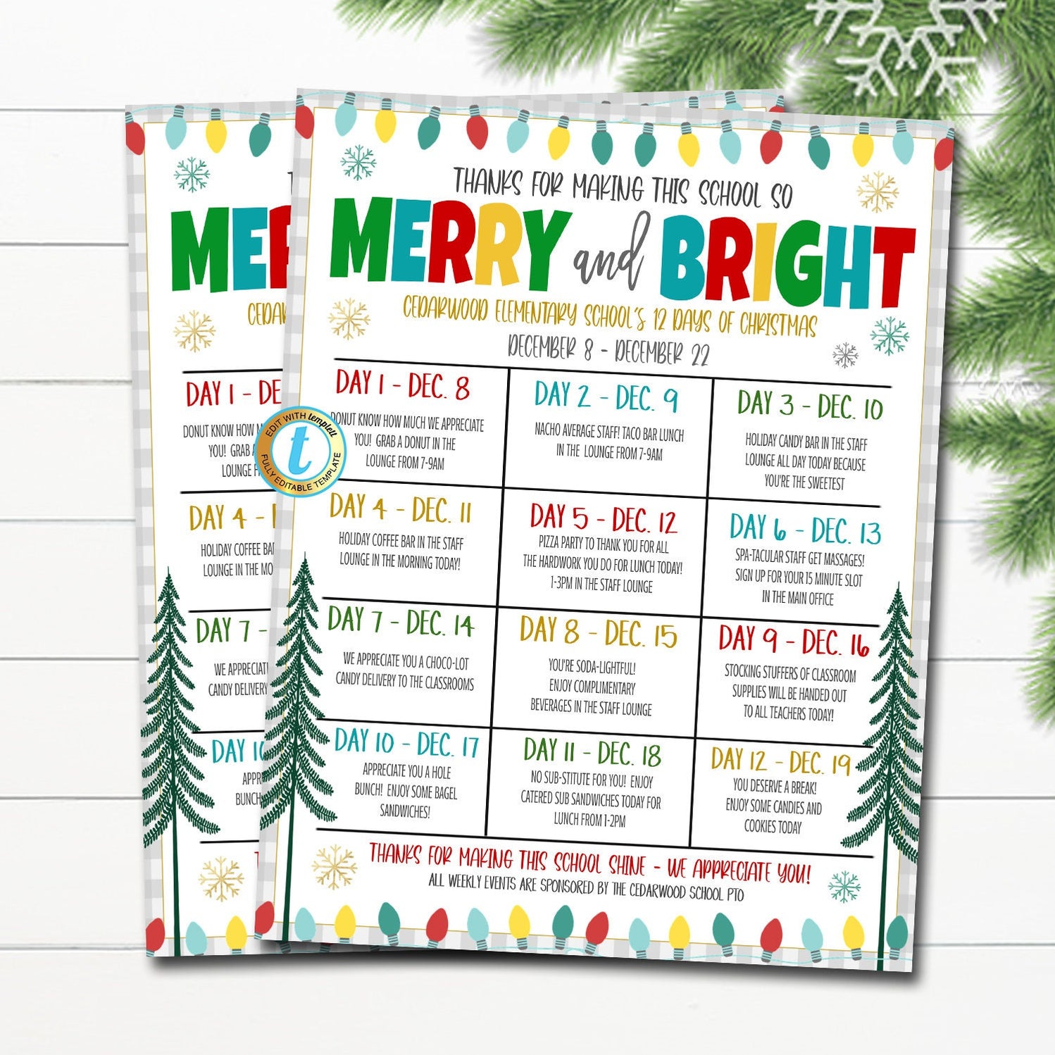 Holiday Theme Teacher Appreciation 12 days of Christmas Itinerary ...