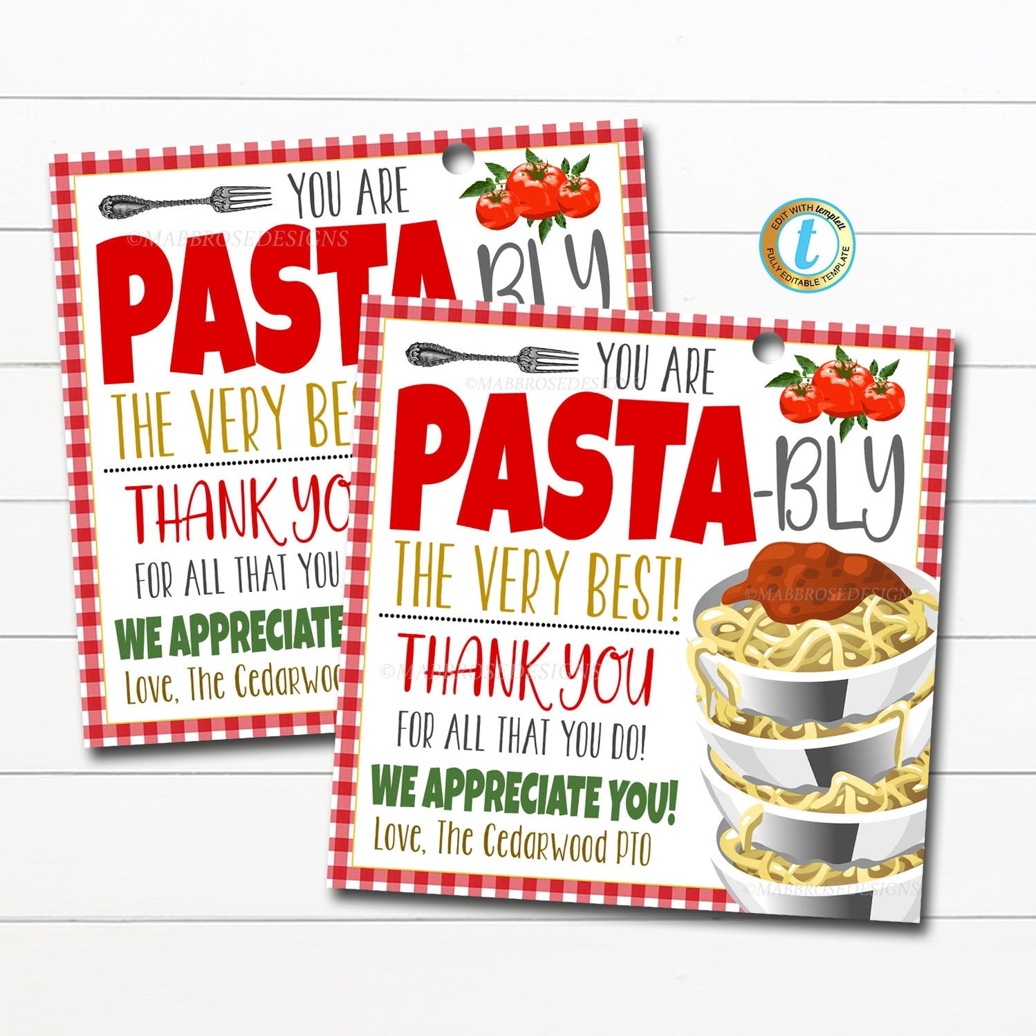Pasta Gift Tags, Printable Appreciation Teacher Nurse Thank You ...