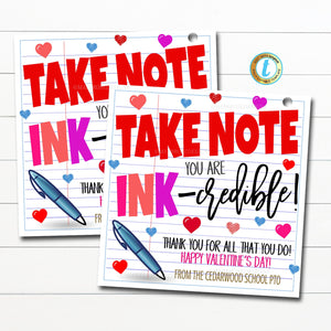 Valentine Pen Thank You Gift Tags | Take Note You Are Ink-credible ...