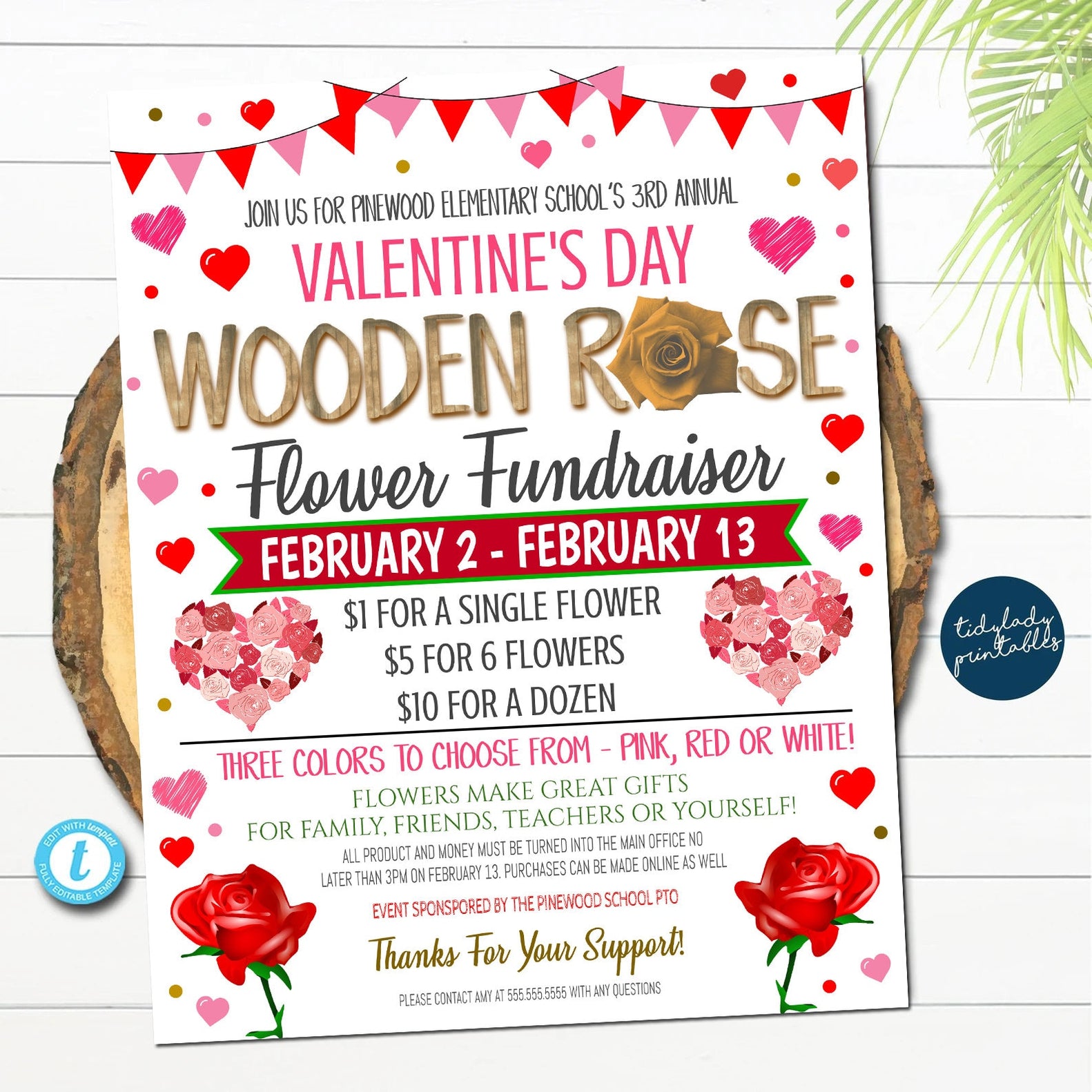 Valentine's Day Wooden Rose Flower Fundraiser Flyer — TidyLady Printables