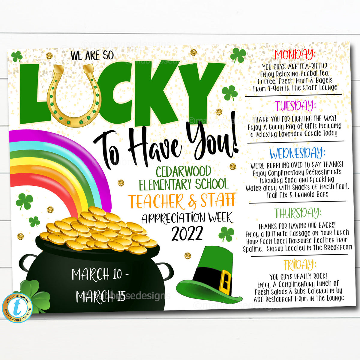 St. Patrick's Day Teacher Appreciation Week Itinerary — TidyLady Printables
