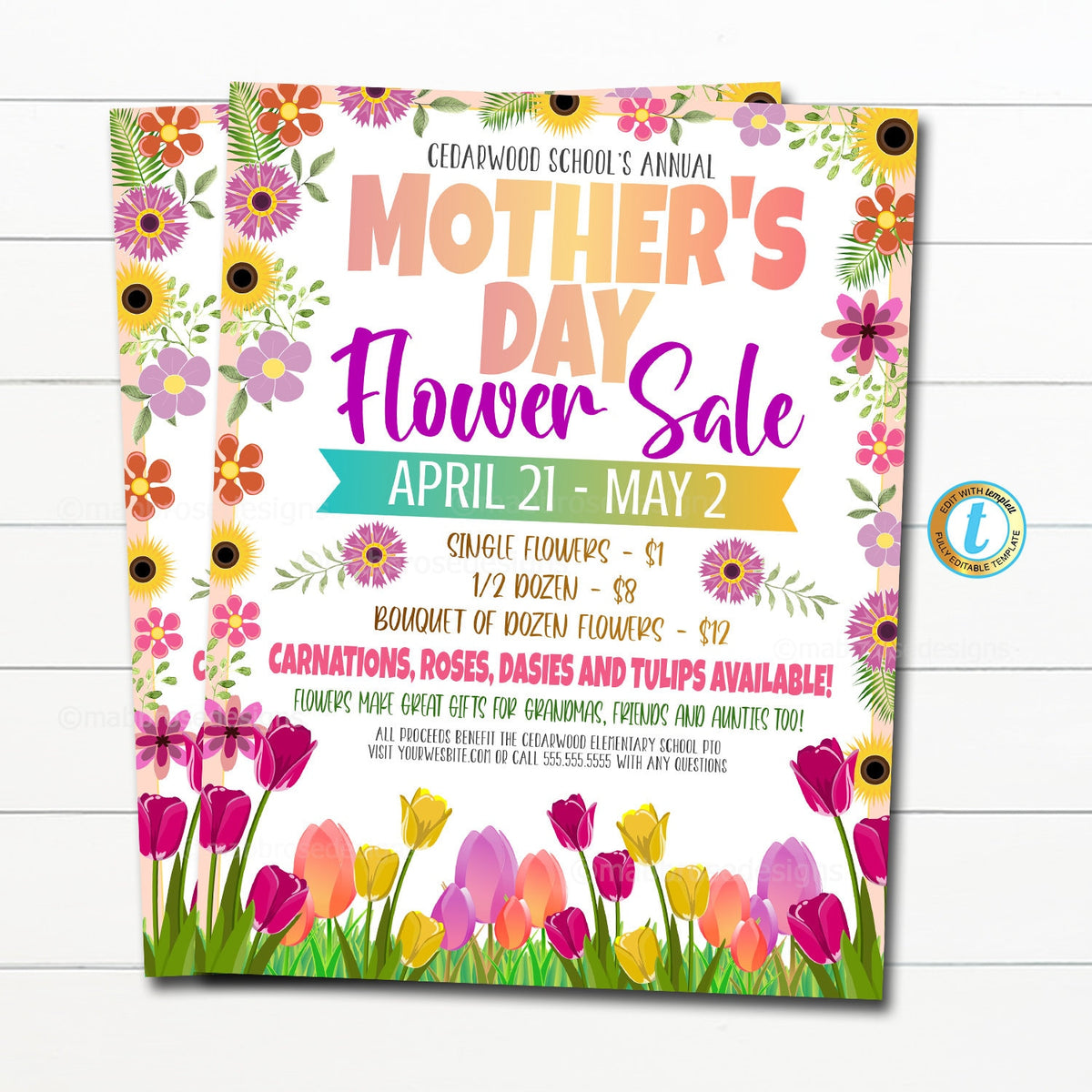 Mother's Day Flower Fundraiser Flyer | Roses Carnation Printable Invite ...