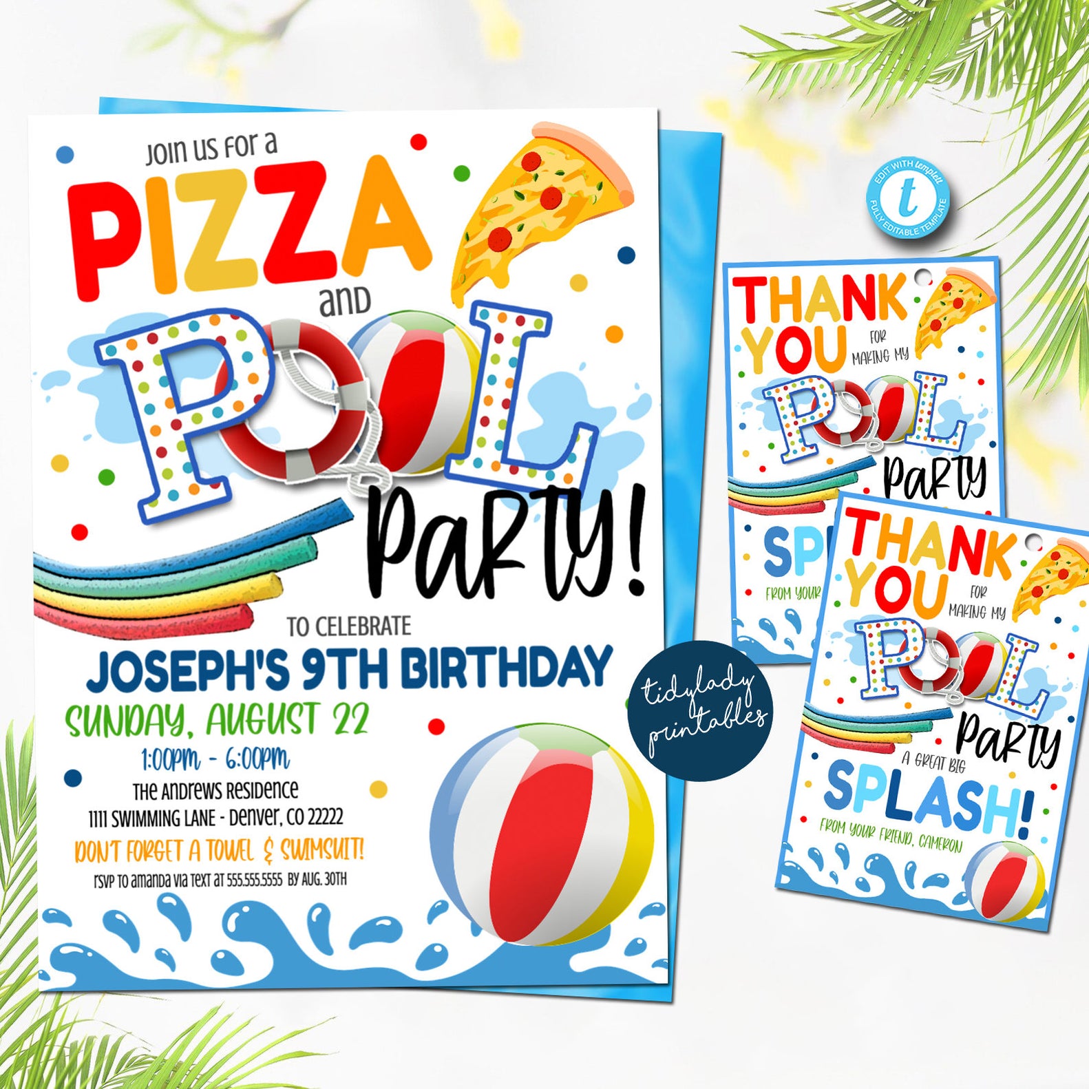 Pizza and Pool Party Invite and Thank You Favor Tag Set — TidyLady ...