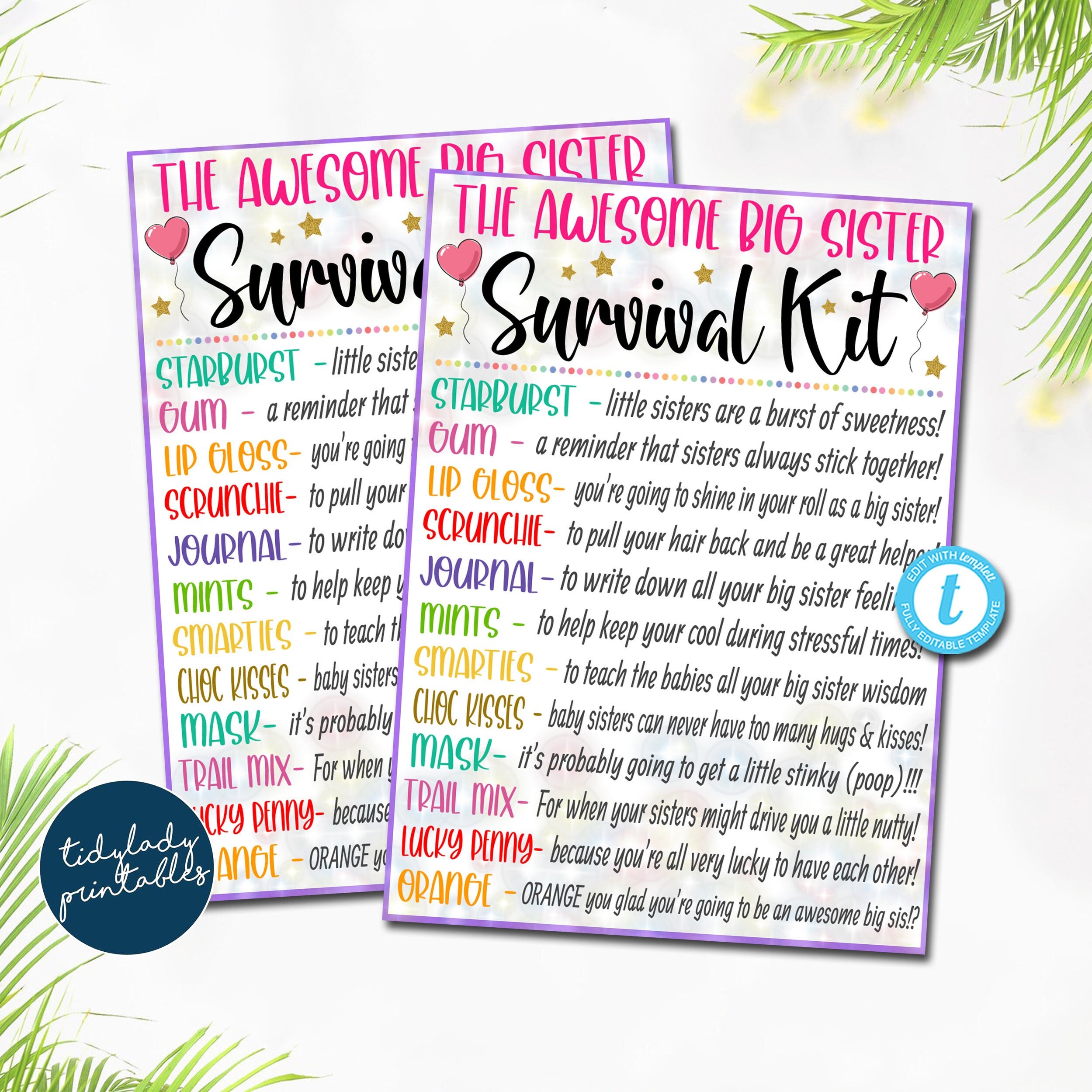 Big Sister Survival Kit Printable, Kids Sibling Gift, New Baby ...