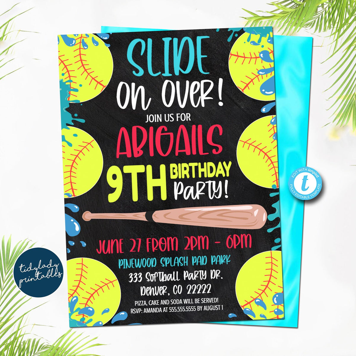 Softball Water Slide Birthday Invitation, Swimming Party Invite ...