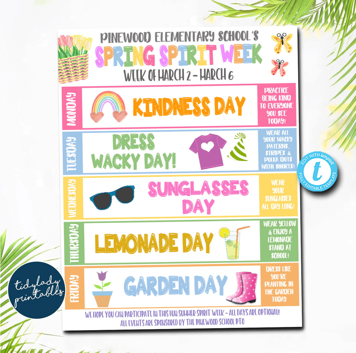 Spring School Spirit Week Itinerary Schedule | TidyLady Printables