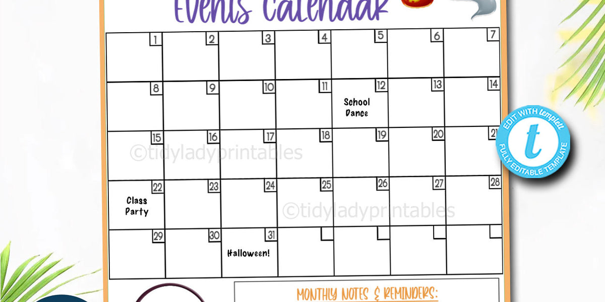 October Events Calendar Template | Halloween PTO PTA Printable ...