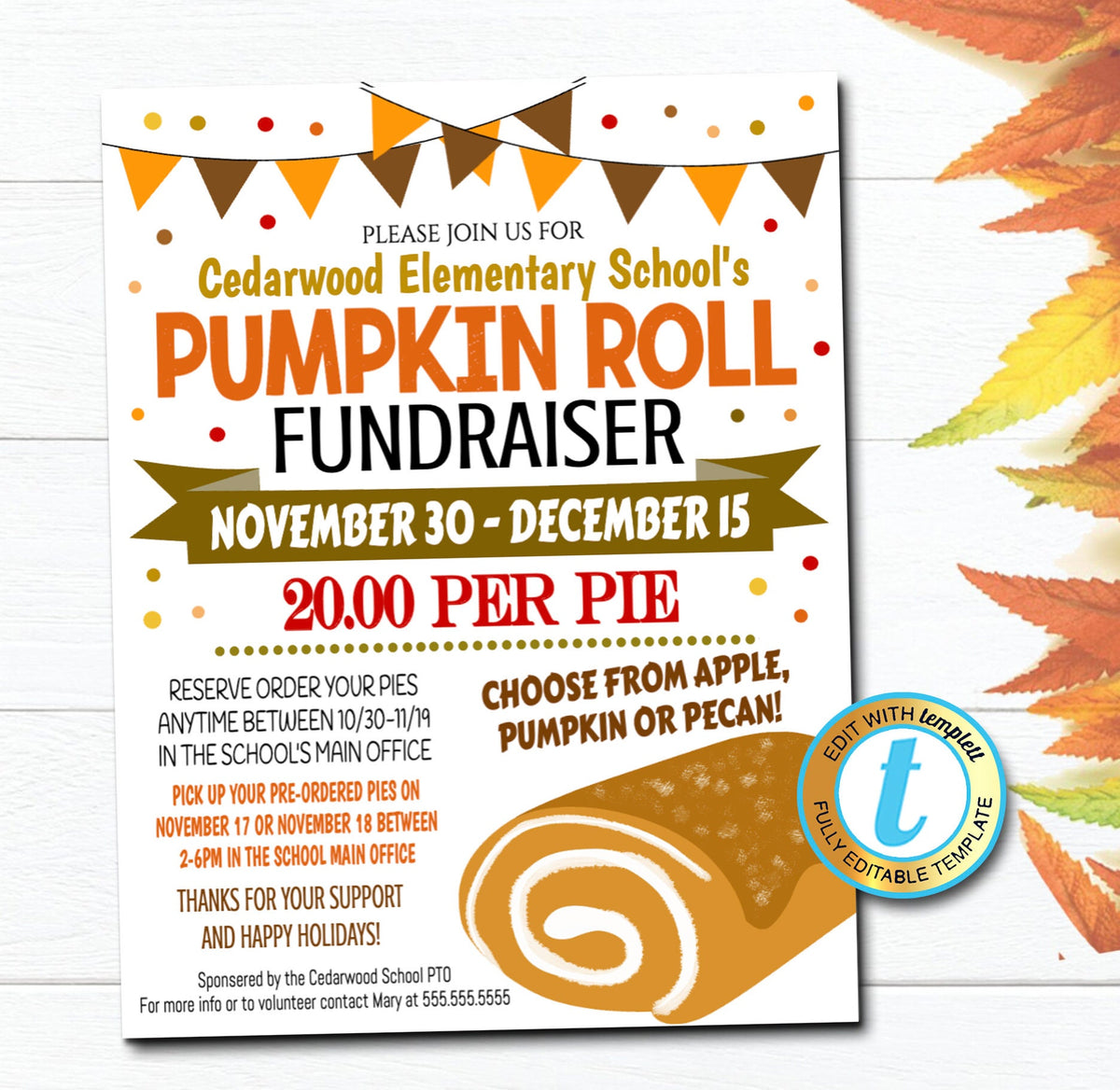 Fall Pumpkin Roll Fundraiser Flyer | School Pto Pta Church — TidyLady ...