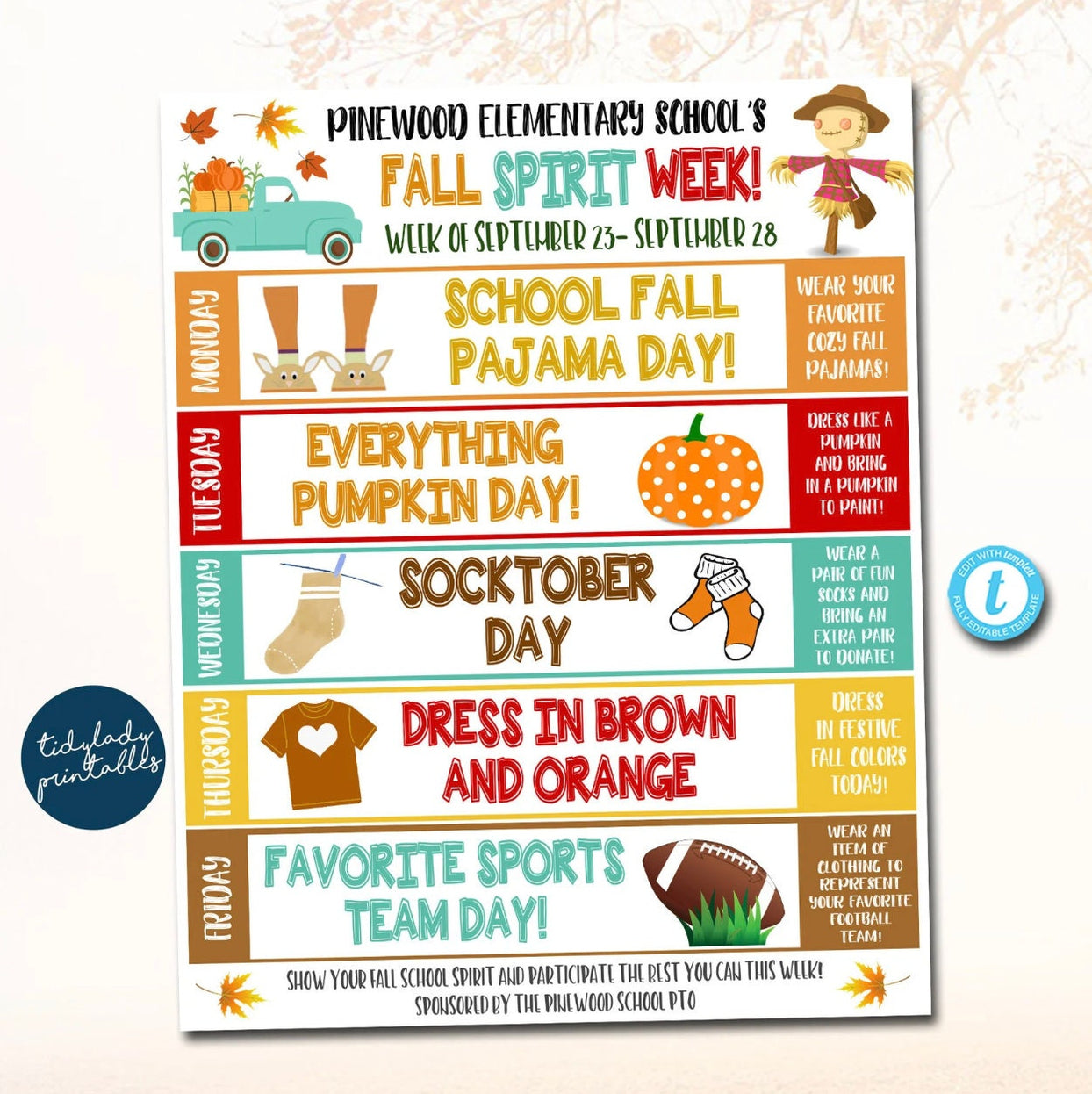 School Spirit Week Bundle Set | Seasonal Itinerary Schedules — TidyLady ...
