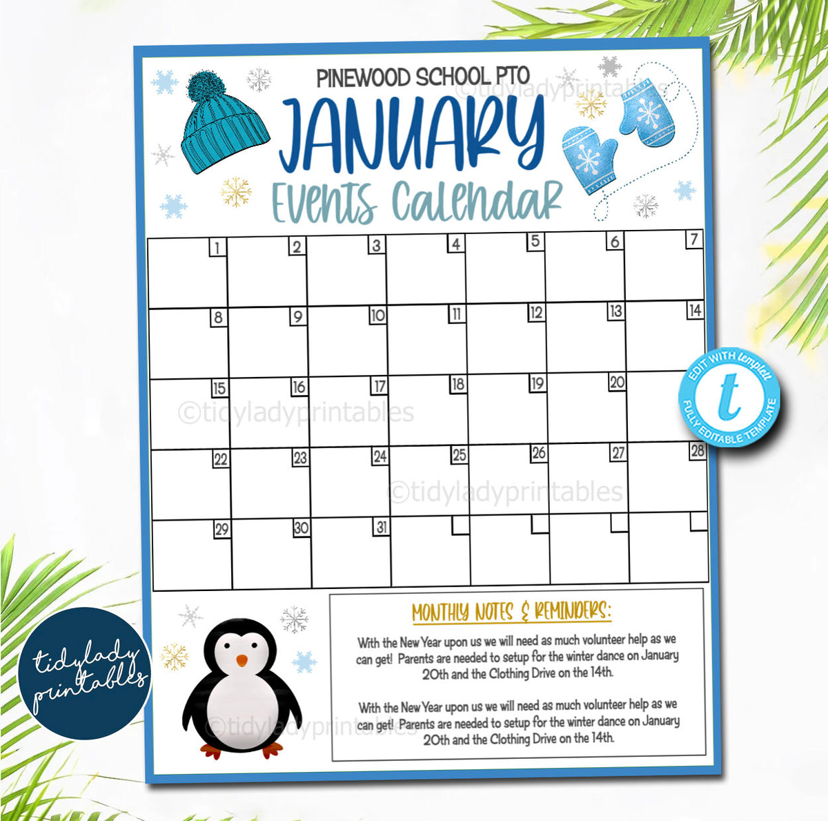 January School PTO Events Calendar | Winter Theme — TidyLady Printables