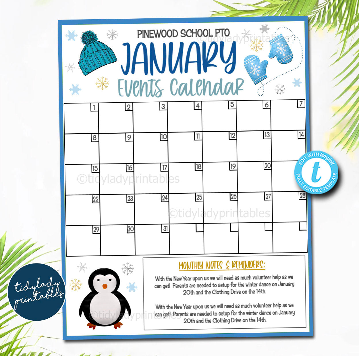 January School PTO Events Calendar | Winter Theme — TidyLady Printables
