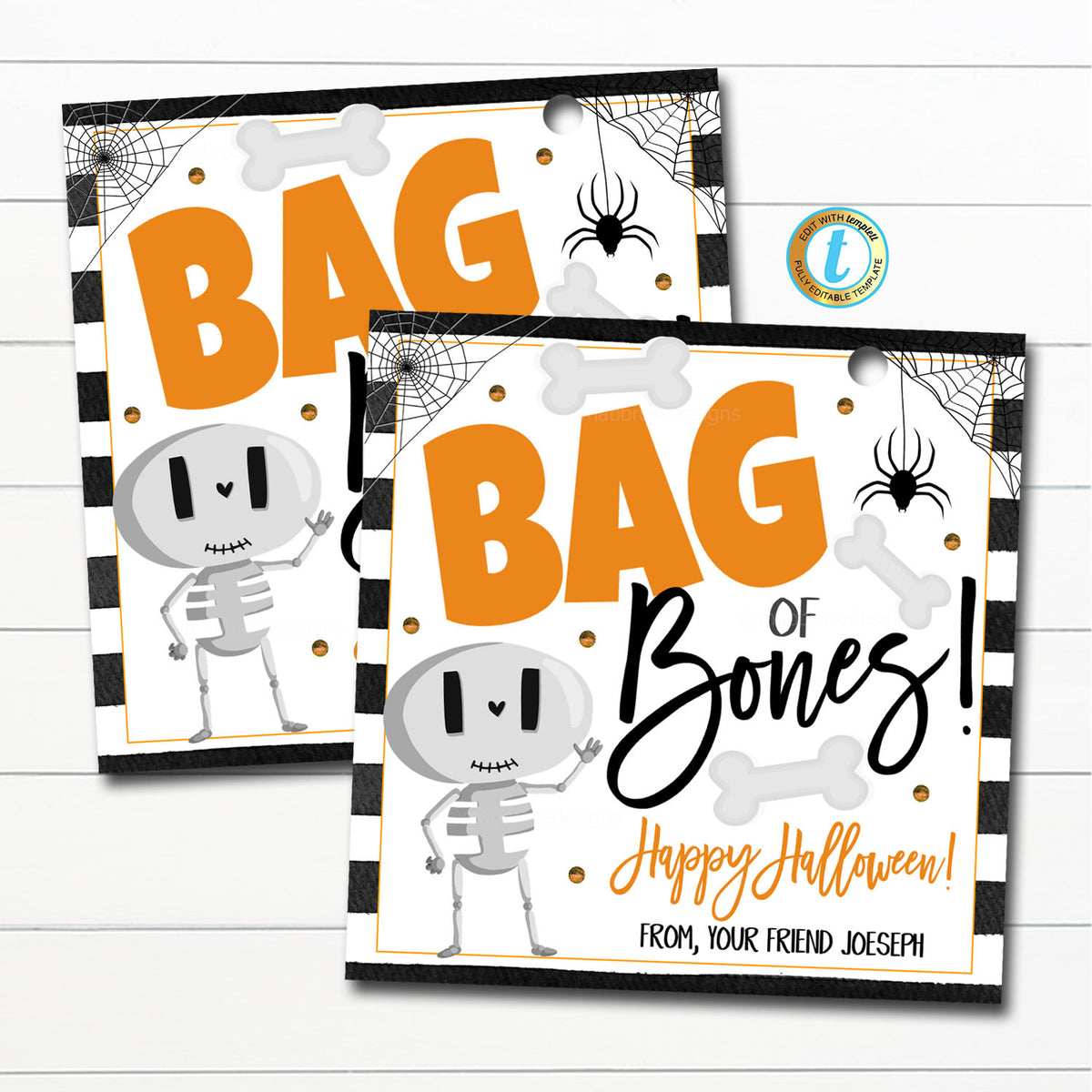Halloween Kids Gift Tags, Skeleton Bag of Bones Favor Tags — TidyLady ...