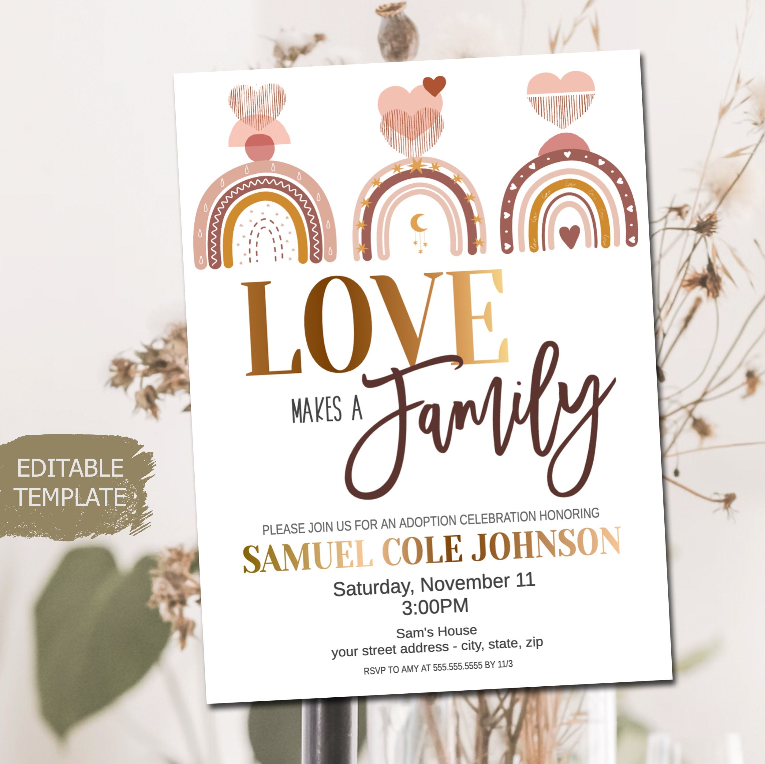 Love Makes A Family Adoption Invite, Boho Modern Invitation — TidyLady ...