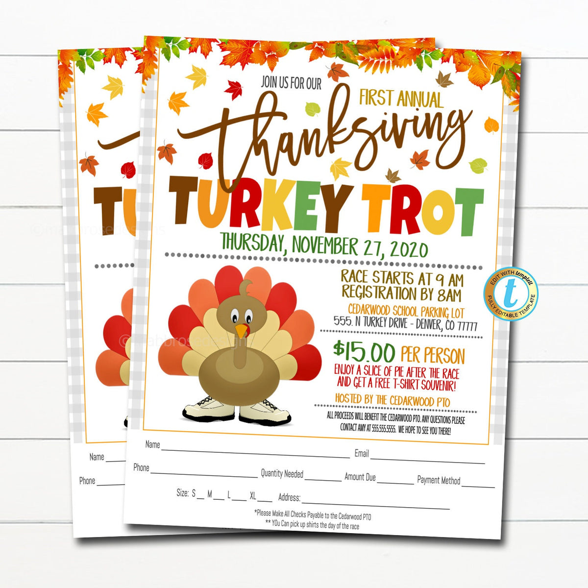 Thanksgiving Turkey Trot Flyer, November Fall Fundraiser Event ...