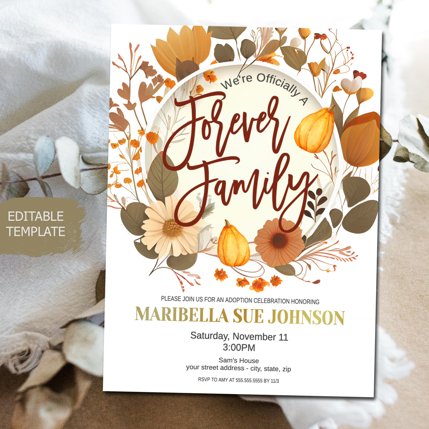 Forever Family Fall Autumn Adoption Invite, Thanksgiving Adoption ...