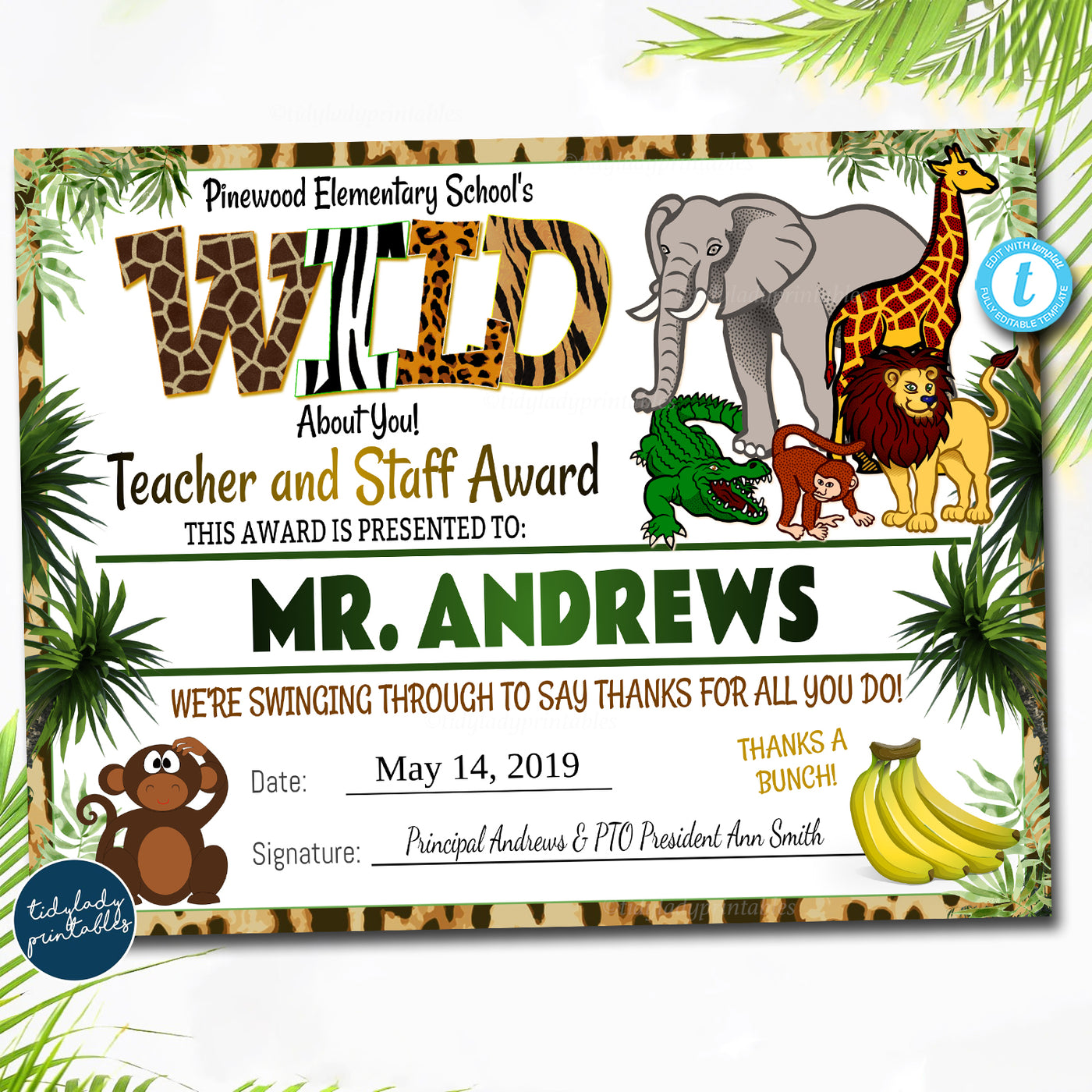 Jungle Teacher Appreciation Week Printable Award Certificates ...