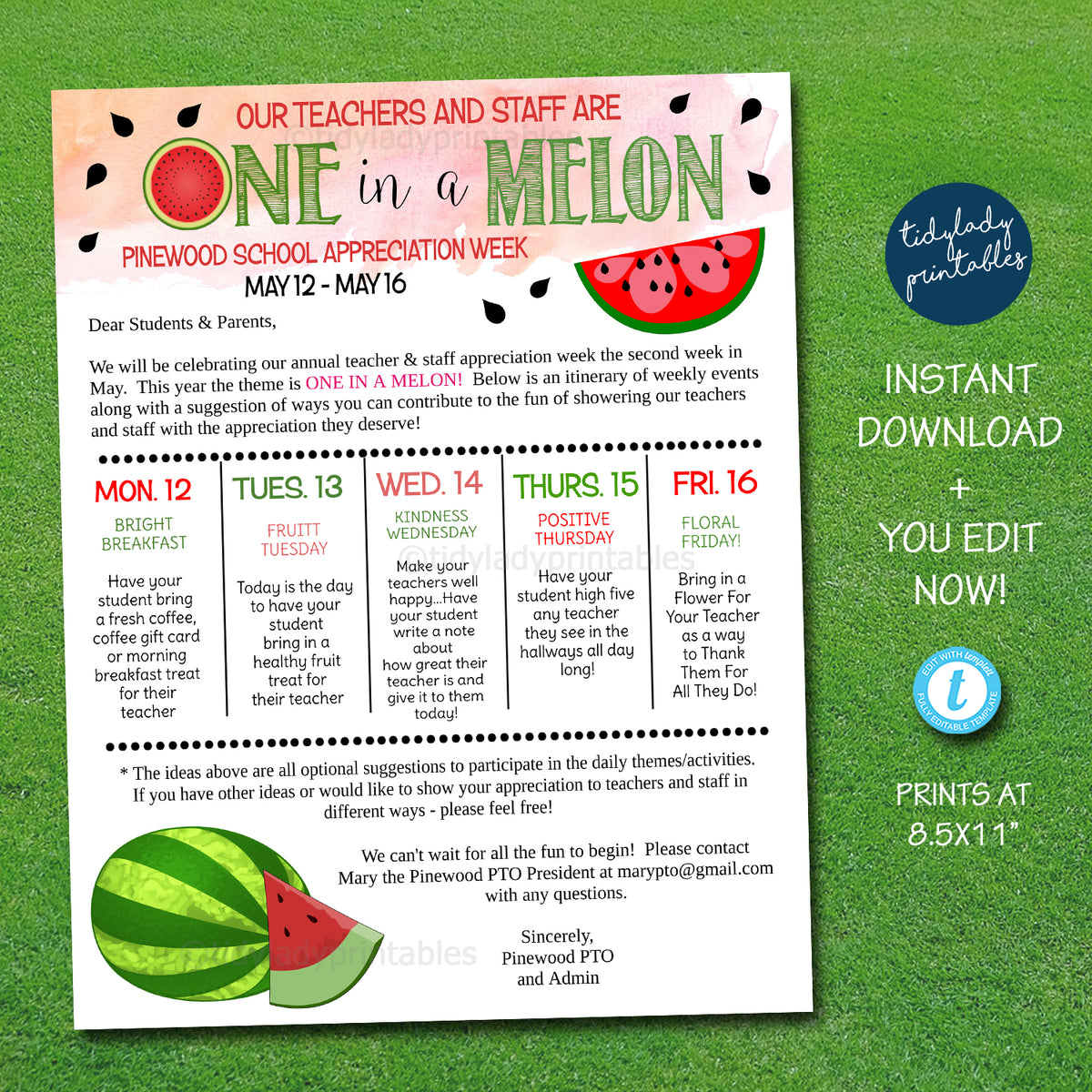 Watermelon Theme Teacher Appreciation Week Itinerary Printable ...