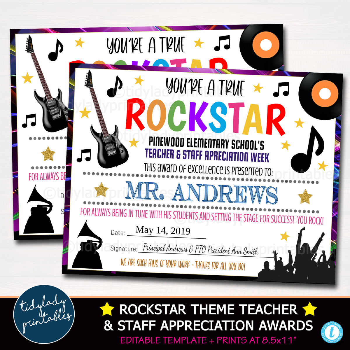 Rockstar Theme Teacher Appreciation Week Award Certificates — TidyLady ...